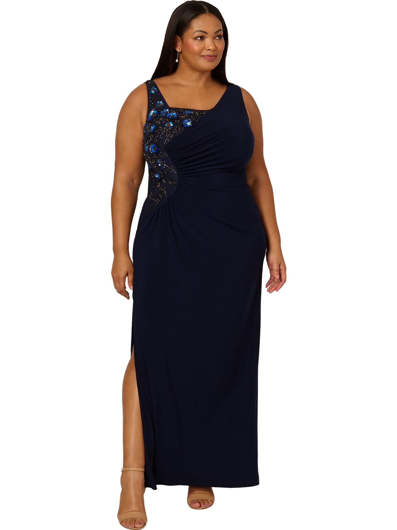 ADRIANNA PAPELL Sleeveless Asymmetrical Floral Beaded Jersey Gown